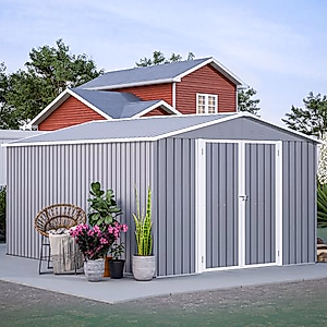 UBGO Storage Sheds 8 x 12 FT,Large Metal Garden Shed with Lockable Doors,Tool Sheds with Floor Frame,Outdoor Storage Shed for Backyard Garden Patio Lawn-Grey