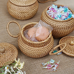 Small Rattan Basket with Lid, Rattan Basket Organizer with Handle, Rattan Snacks Basket Candy Bowl Rustic Woven Basket for Shelf Table Office Decor