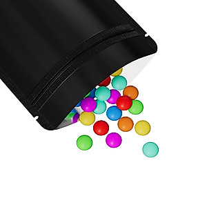 100pcs Frosted Clear Window Stand Up Colored Metallic Foil Resealable Zipper Seal Bags (Black, Standup | 2oz)