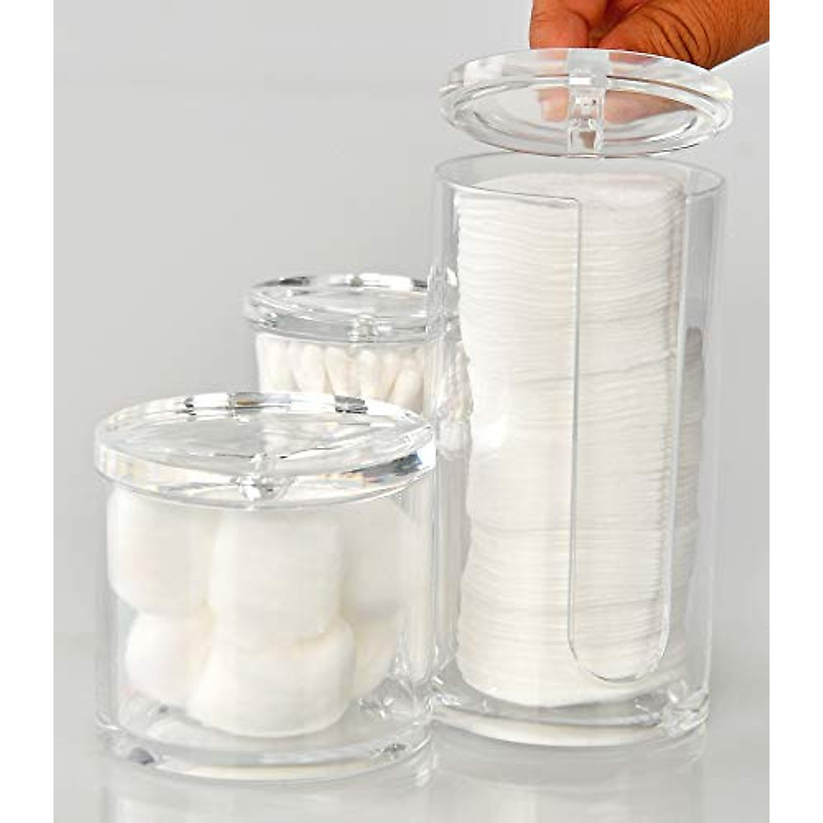 Home-X Bathroom Organizer Jars, 3 in 1 Acrylic Storage Containers with Lids, Vanity Decor, Cotton Rounds and Swabs Organizer, 5 ½” H x 2 ¾” D, 3" H x 3" D, 3 ¾” H x 2 ¼” D