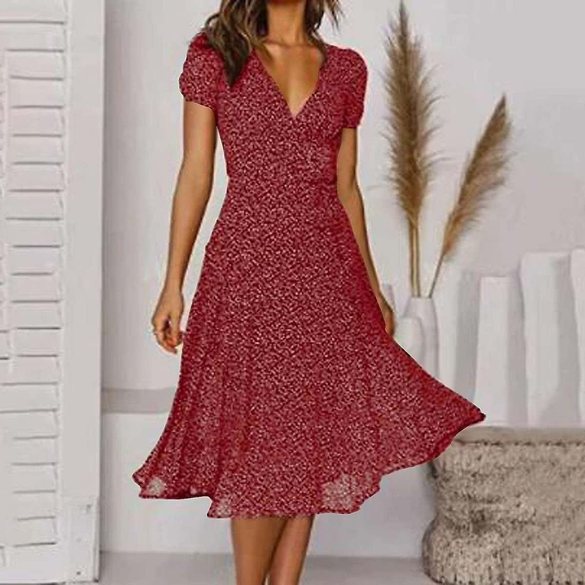 Womens Dresses Summer 2023 Floral Boho V Neck Short Sleeve Wrap Flowy Ruffle Hem Cute Beach A Line Midi Dress Sun Dresses Hawaiian Clothes Summer Wedding Guest Dresses for Women 2023