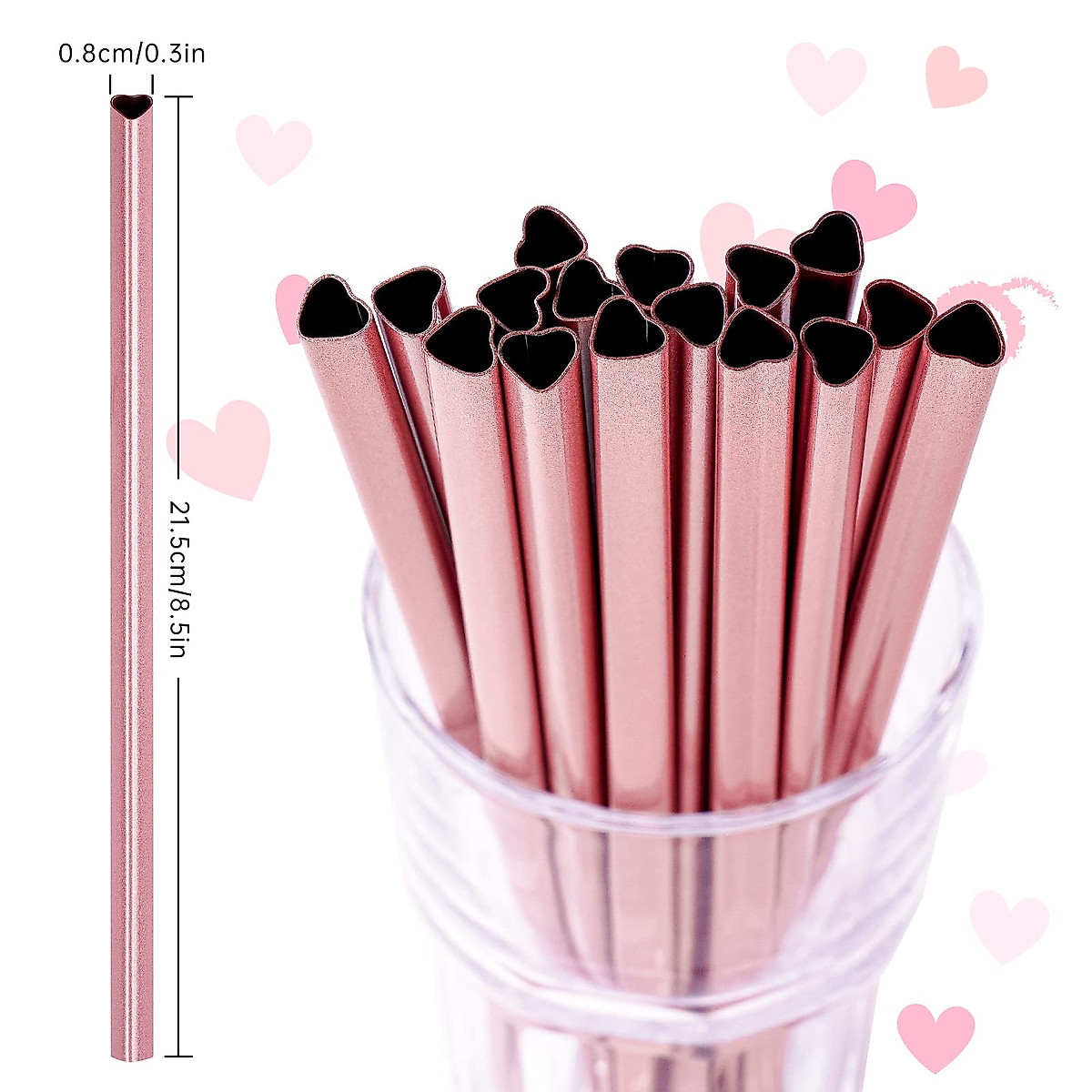 NiHome Reusable Straws 16 Pack, Stainless Steel Drinking Straws, Heart Shaped Metal Straw Bulks with 2 Cleaning Brushes for Smoothies Tumblers Cocktail MilkShake, Pearl Pink