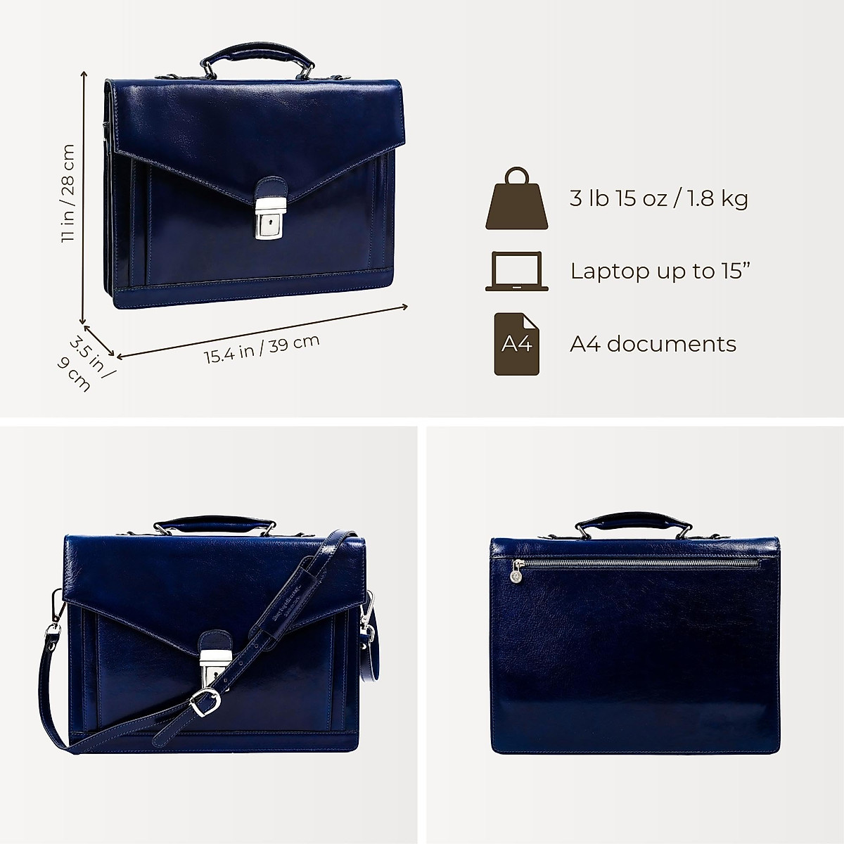Time Resistance Leather Briefcase for Men Handmade Italian Laptop Bag Classy Blue Attache Case