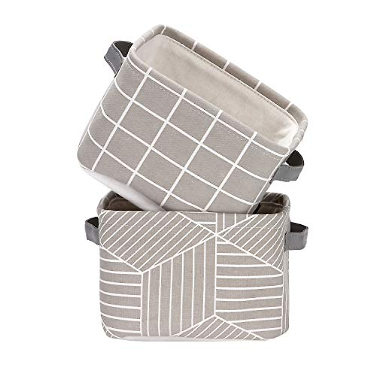 Sea Team Foldable Mini Square New Grey and White Geometric Theme 100% Natural Linen & Cotton Fabric Storage Bins Storage Baskets Organizers for Shelves & Desks - Set of 4 (Grey)