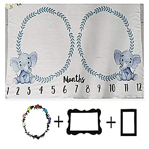 Baby Monthly Milestone Blanket Twins Neutral Blue Elephant Newborn Nursery Decor Photo Props Shoots Photography Growing Toddlers Soft Fleece Swaddle Blanket with Wreath Frames