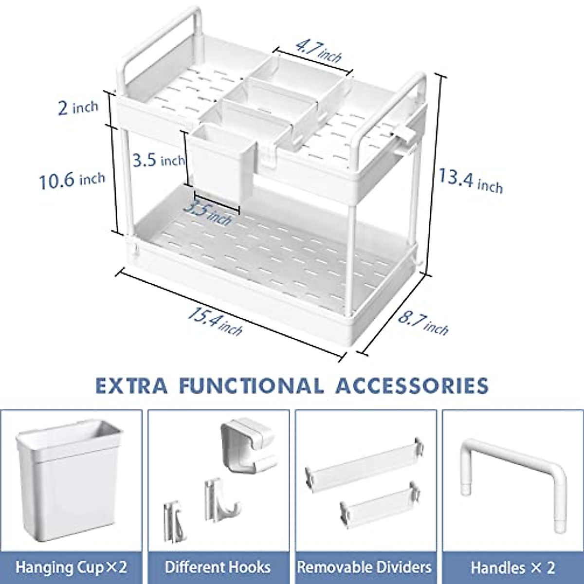 SOLEJAZZ Under Sink Organizers and Storage Multi-Purpose, 2 Tier Under Bathroom Cabinet Storage with Dividers, Hooks, Cup for Bathroom, Kitchen, White