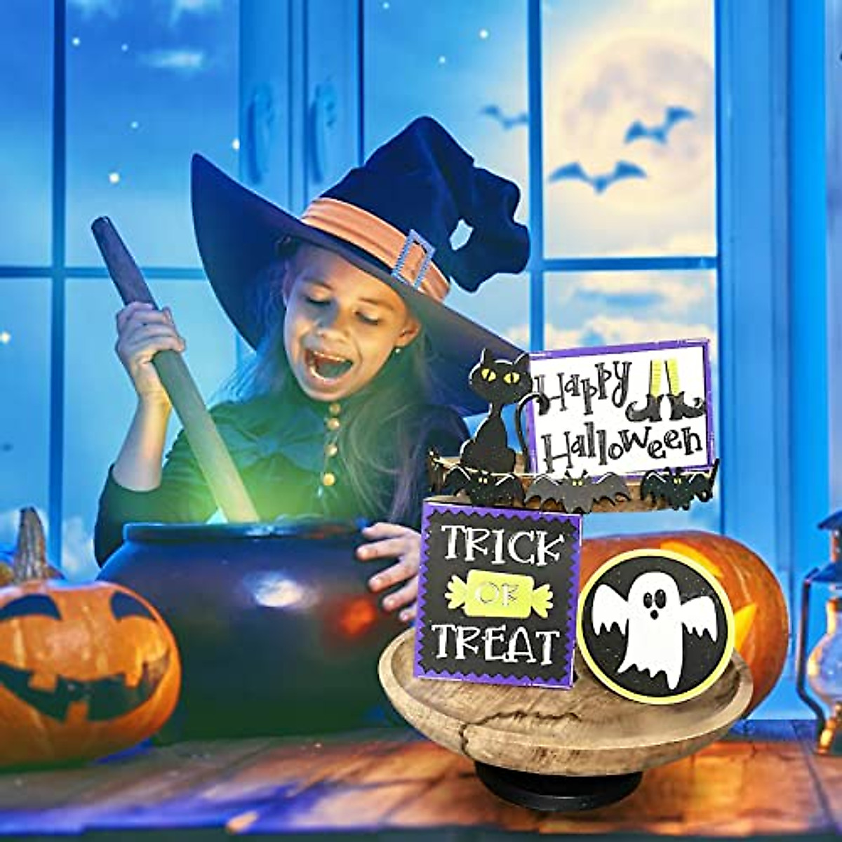 9 Pcs Halloween Tiered Tray Decorations,Halloween Signs for Halloween Home and Office Decor,Halloween Tray Decor with Witch Hat,Ghost,Bat,Tombstone,Pumpkin (7)