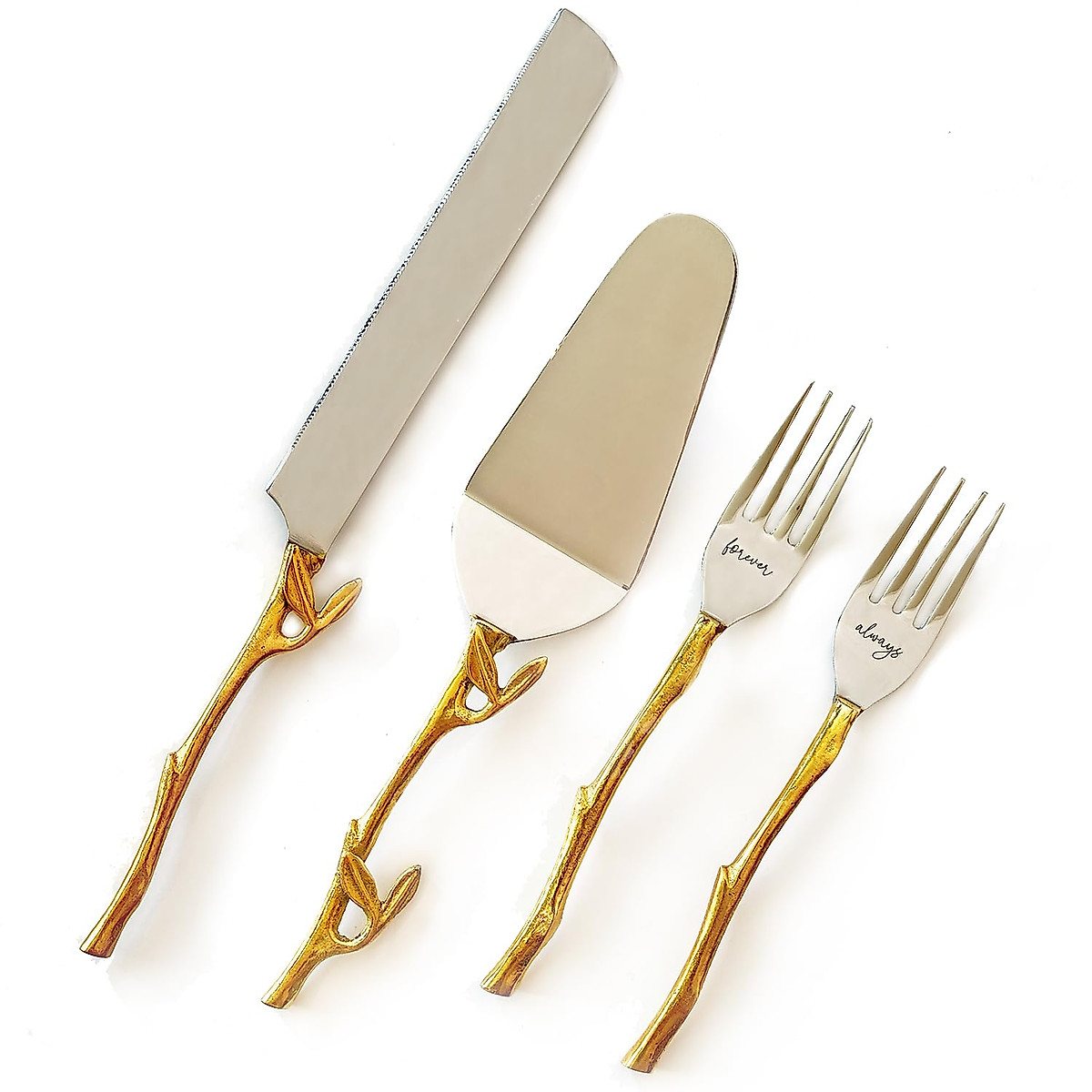 Heartfelt Homie Wedding Cake Knife and Server Set - 4 PC Cake Cutting Set with Gold Twig Leaf Handles - Pie server, Cake knife, Engraved forks for Wedding Cake Cutting - Engagement, Bridal Gifts