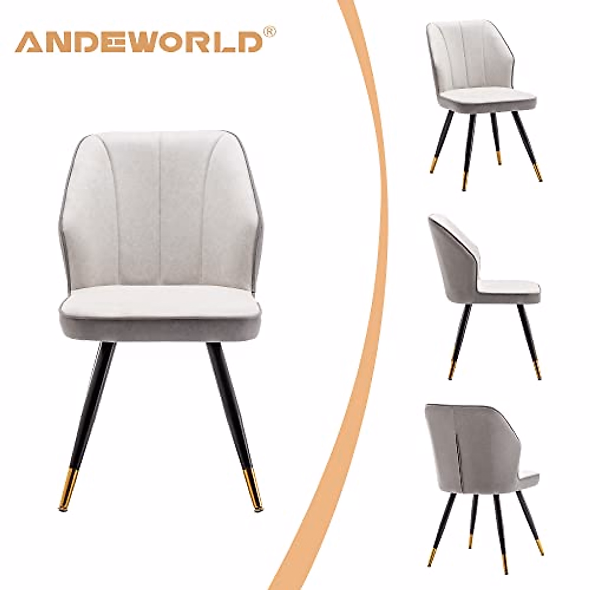 Andeworld Upholstered Dining Chairs Set of 2, Mid Century Modern Accent Chair, Faux Suede Armless Leisure Side Chair with Golden Metal Legs for Dining Living Room-Grey