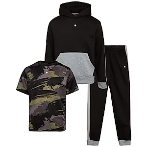RBX Boys' Active Sweatsuit Set - 3 Piece Fleece Zip Up Hoodie, Athletic T-Shirt, and Jogger Sweatpants for Boys (Sizes: 8-12), Size 10, Black