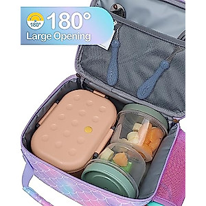 Bagseri Kids Lunch Box Insulated - Lunch Bag for Girls with Buckle Handle and Cup Holder - Portable Reusable Toddler Leak-proof Lunchbox for School and Daycare, Glitter Blue, Mermaid