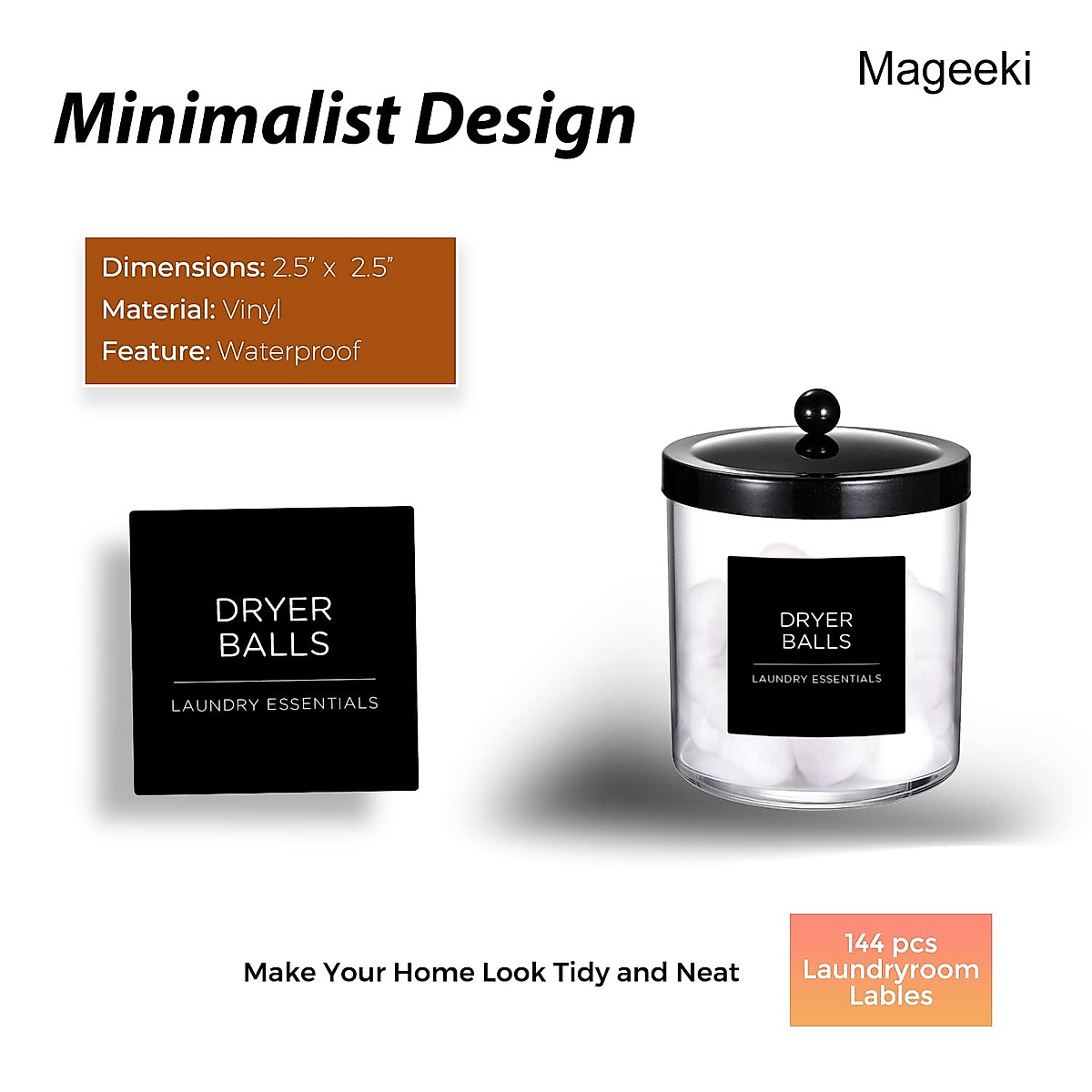 Mageeki 144 Laundry Room Labels for Organizing, Minimalist Laundry Stickers for Containers, Waterproof and Oilproof, Preprinted Organization Labels for Laundry Room, Bathroom (Black)