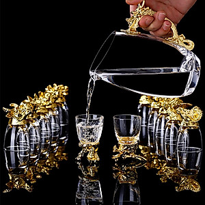 YingXue Chinese Zodiac Whiskey Glasses Set of 12 and Dragon Handle Wine Splitter Set, Crystal Glass Whiskey Liquor Cups, Zodiac Animal Head Triangular Stability Cup Base Holder, PU Suitcase Packed