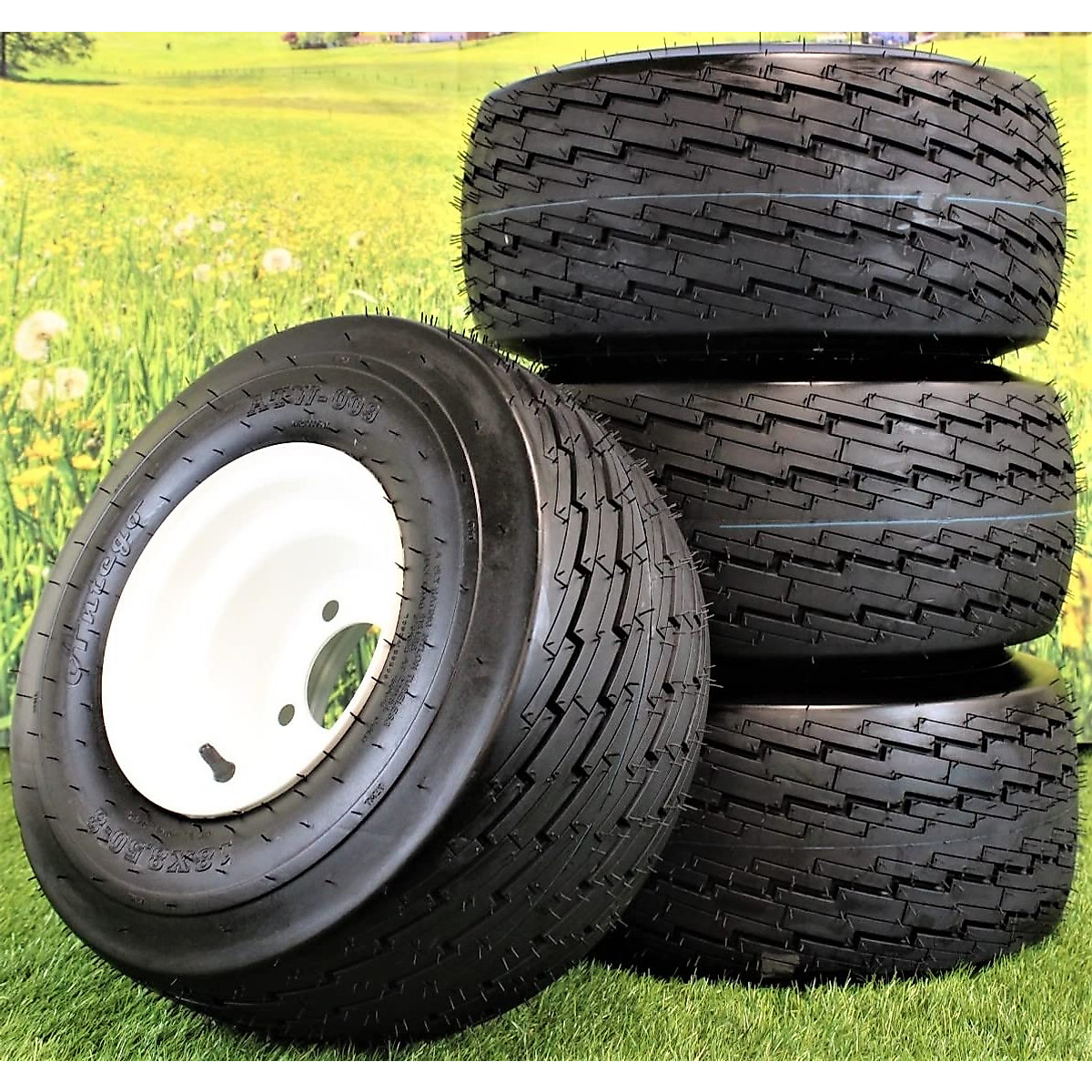 Antego Tire & Wheel 18x8.50-8 Tires on 8x7 Steel Wheels White Assemblies for Golf Carts and Lawn Mowers (Set of 4)