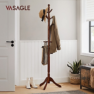 VASAGLE Solid Wood Coat Rack and Stand, Free Standing Hall Coat Tree with 10 Hooks for Hats, Bags, Purses, for Entryway, Hallway, Rubberwood, Dark Walnut URCR03WN