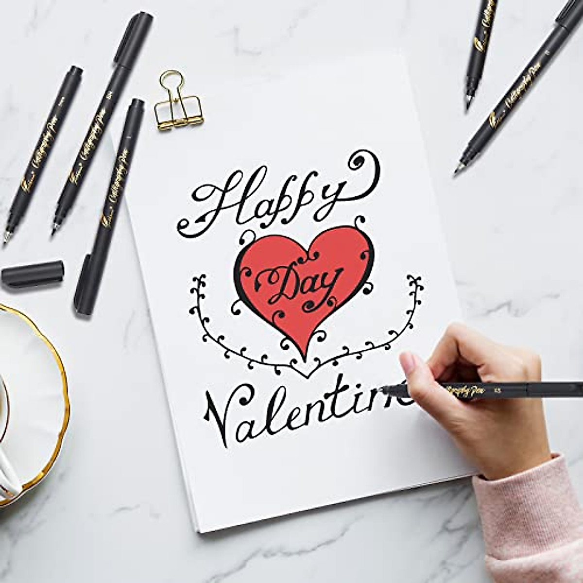 GETHPEN Calligraphy Pens,Hand Lettering Pens, Calligraphy Brush Pen set for Beginners Writing, Sketching, Scrapbooking, Journaling, Soft and Fine Tip, Black Ink Drawing Pen Set, 8 Size