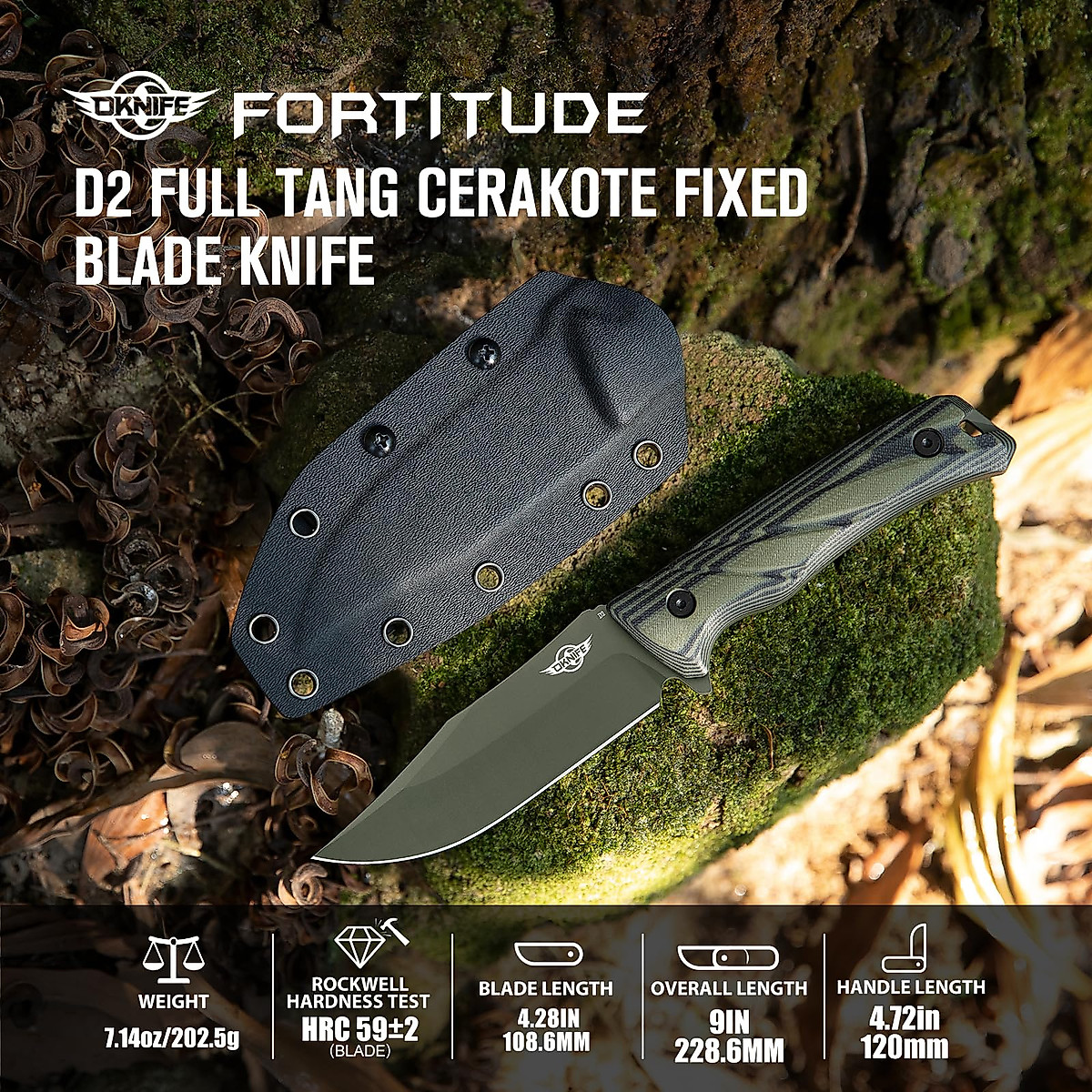 OKNIFE Fortitude Full Tang Knife with Kydex Sheath, 4.72" Clip Point Blade Knife with D2 steel Cerakote Coating Blade and G10 Handle