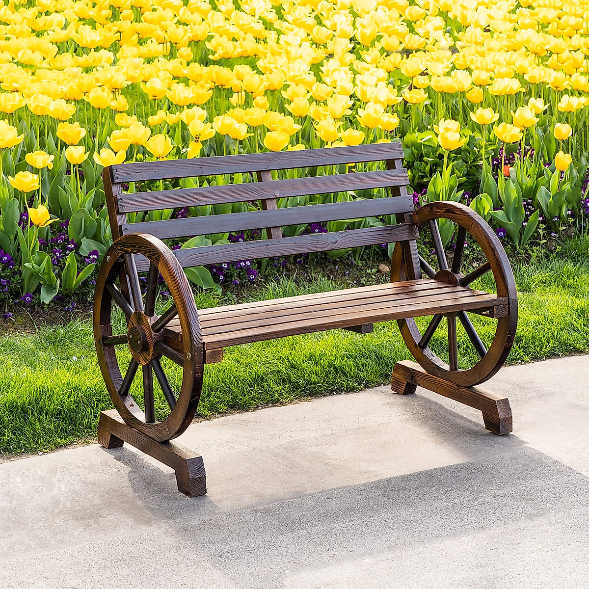 Mavalous Wagon Wheel Bench Outdoor, 2 Person Seat Rustic Wood Patio Benches with Backrest for Outdoor Brown