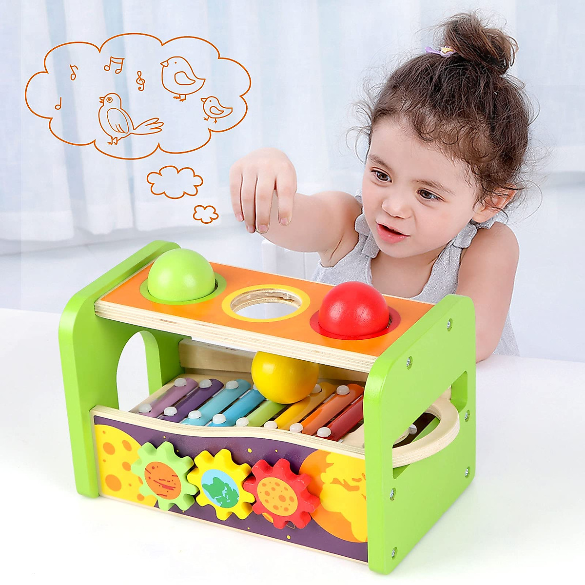 Canuan 4-in-1 Hammering Pounding Toys, Pound & Tap Bench with Slide Out Xylophone, Multifunctional Montessori Wooden Musical Pounding Toys for 1 2 3+ Years Boy Girl Baby Toddlers