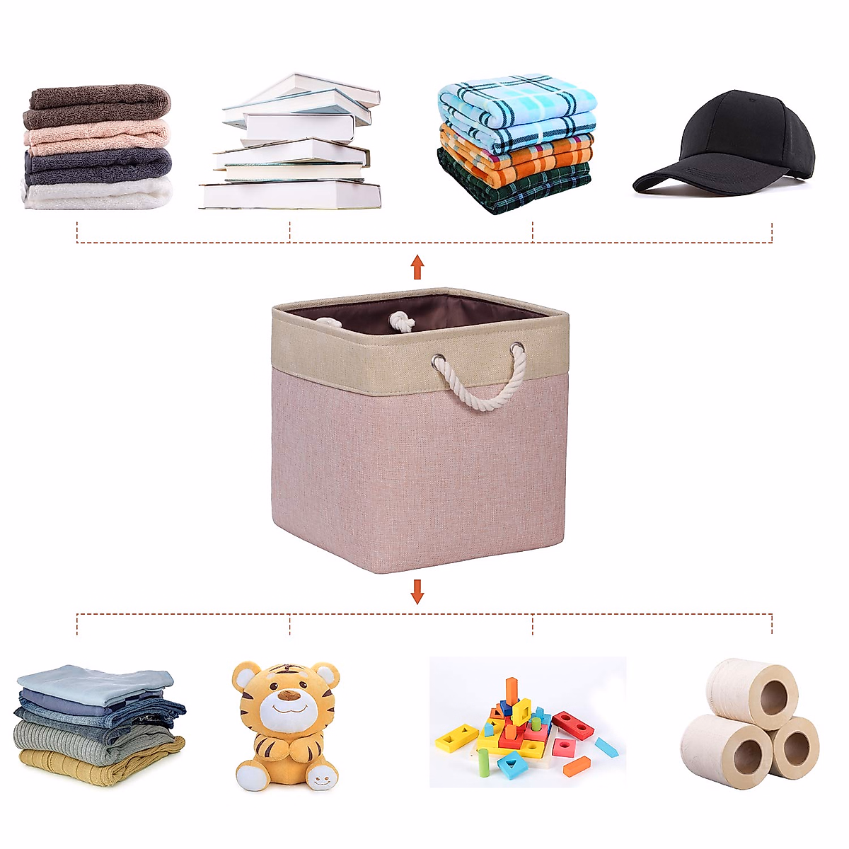 Univivi Cube Storage Bin, Cubby Storage Basket with Sturdy Cotton Carry Handles for Shelf Closet Home Office Organizing [4-Pack,13'',Pink]