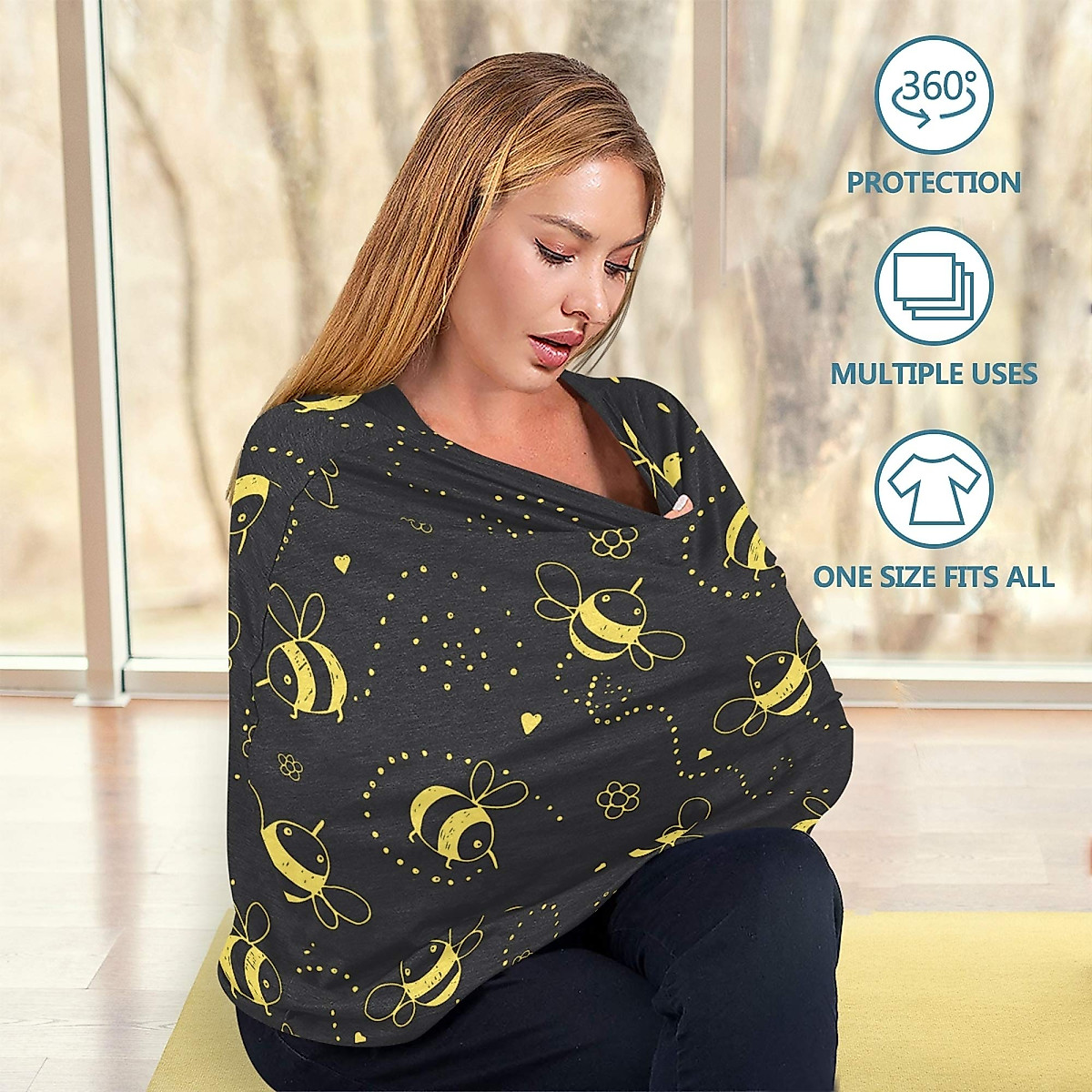 YYZZH Cartoon Cute Bee Flower Heart Pattern Doodle On Black Stretchy Baby Car Seat Cover Infant Canopy Nursing Covers Breastfeeding Cover Breathable Windproof Winter Scarf for Boys Girls