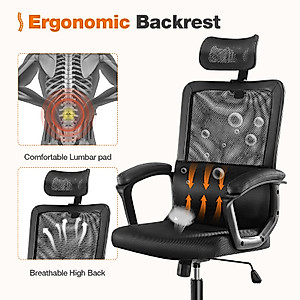 NEWBULIG Desk Ergonomic Office High Back Computer Adjustable Headrest Mesh Task Chair with Lumbar Support/Padded Armrests/Tilt Function, Black