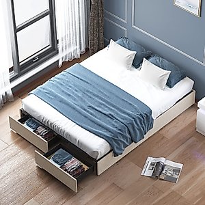 Mjkone California King Size Bed Frame with Storage Drawers, Linen Fabric Platform Bed Frame, Wood Slat Support Bed Frame, No Box Spring Needed/No Headboard/Easy Assembly/Noiseless - Beige
