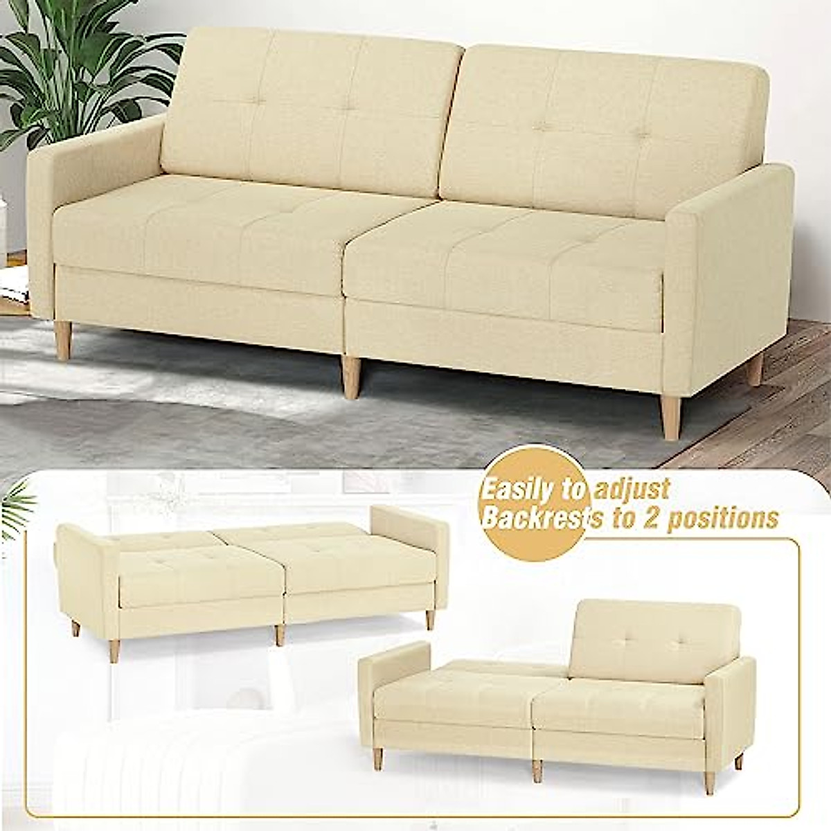 77" Linen Sleeper Loveseat Sofa for Living Room, Small Sofa Couches for Small Spaces Bedroom with Solid Wooden Frame and Padded Cushion, Mid Century Futon Sofa Bed Love Seats Furniture (Beige)