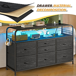 EnHomee Black Dresser for Bedroom with LED Lights & Charging Station, 7 Drawer Dresser with Open Shelf, Fabric Bedroom Dressers & Chest of Drawers for Closet, Entryway, Hallway, 4 Hooks
