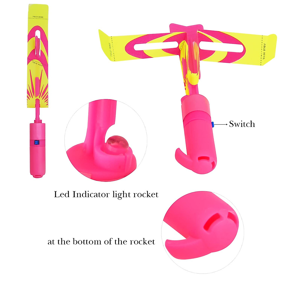 Rocket Slingshot Flying Toys with Led Lights - 12 Pcs Slingshot Toy for Kids, Summer Outdoor Game LED Slingshot with 12Pcs Launchers + 12Pcs Arrow Helicopters, Glow in The Dark Kids Party Supplies