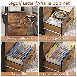 Itaar 2 Drawer File Cabinet with Lock, Filing Cabinet fits Letter, Legal, A4 Size, Hanging File Folders, File Cabinets for Home Office with Adjustable Storage Shelf and Hook, Rustic Brown