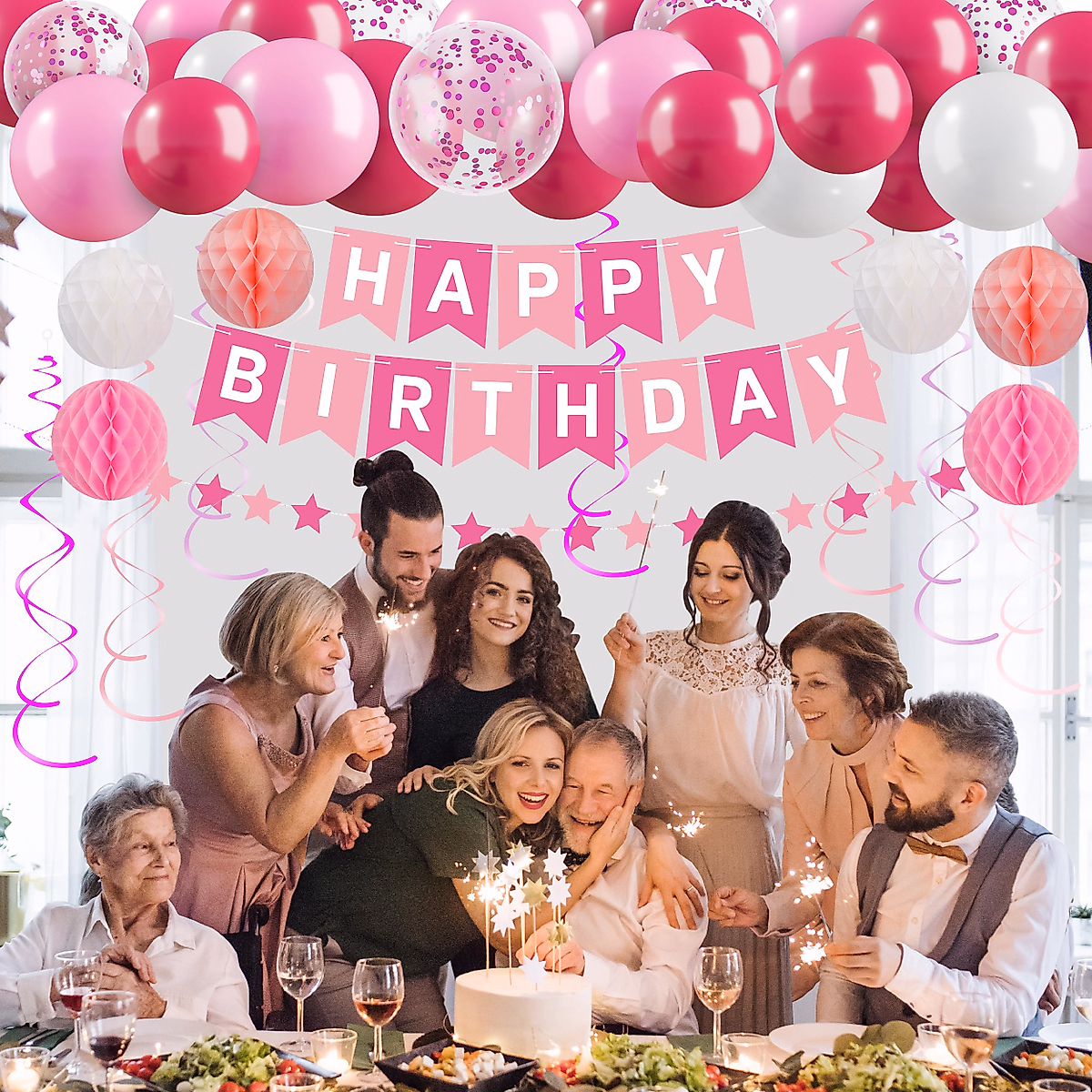 Pink Happy Birthday Party Decorations Set for Women Girls, Pre-Strung Happy Birthday Sign Banner, Pink Balloons, Tissue Paper Pom Poms, Star Garland, Hanging Swirls for Birthday Princess Party