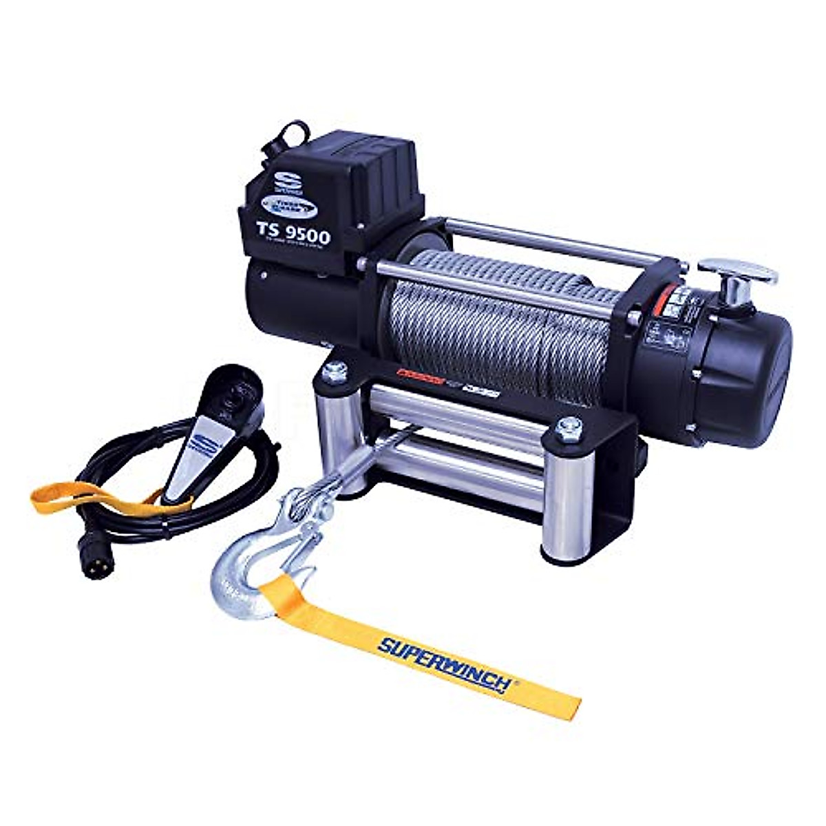 Superwinch 1595200 Tiger Shark 9500 12V DC Winch 9,500lb/4,309kg Single Line Pull with Roller Fairlead, 21/64" x 95' Steel Wire Rope, Corded Handheld Remote