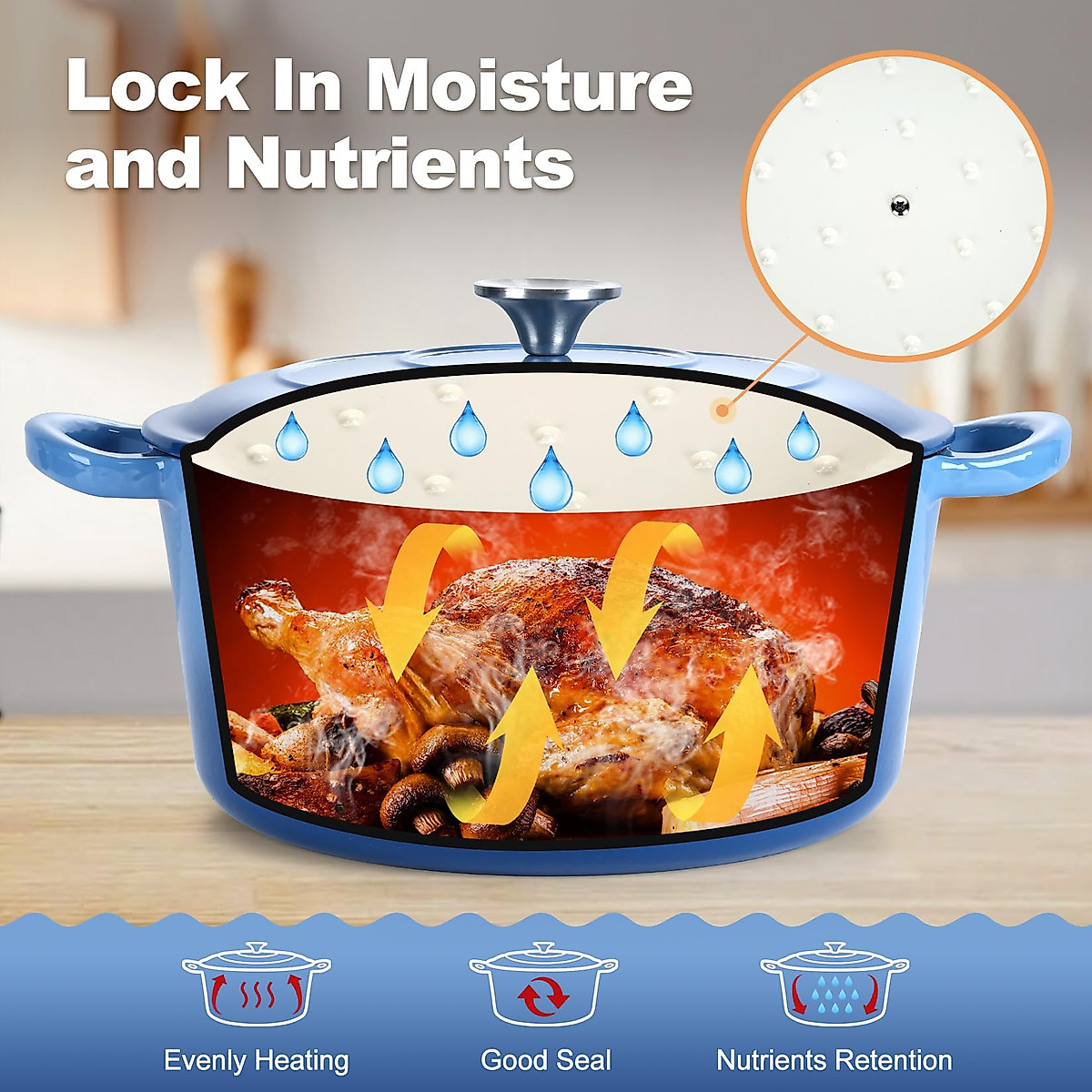 6 Quart Enameled Dutch Oven with Lid, P&P CHEF Cast Iron Dutch Oven Pot, Enamel Round Dutch Oven Cooking Pot for Braising, Stewing, Roasting, Baking, Various Stoves & Oven Safe, (Blue)