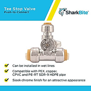 SharkBite 1/2 x 1/2 x 1/4 Inch Compression Tee Stop Valve, Push to Connect Brass Plumbing Fitting, PEX Pipe, Copper, CPVC, PE-RT, HDPE, 24983A