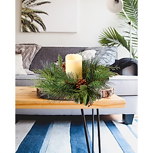 12 Inch Artificial Juniper and Cedar Christmas Candle Ring with Bay Leaves and Pine Cones for Pillar Candles