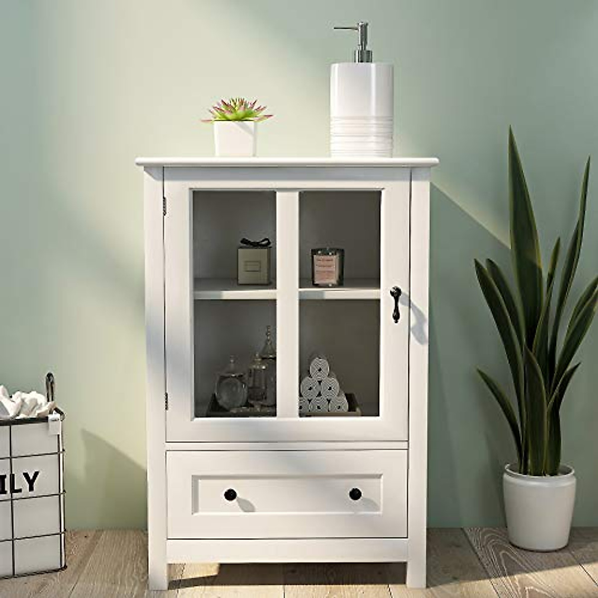 Modern Storage Cabinet with Single Glass Door, Handle and Drawer, Buffet Sideboard Console Table Side Table for Hallway Entryway Kitchen Living Room, White