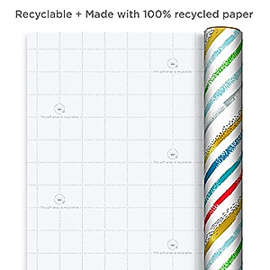Hallmark Recycled Wrapping Paper with Cutlines on Reverse (3 Rolls: 60 Sq. Ft. Ttl) Red, Blue, Green, Gold Stripes, Candles, Happy Birthday" for Kids and Adults