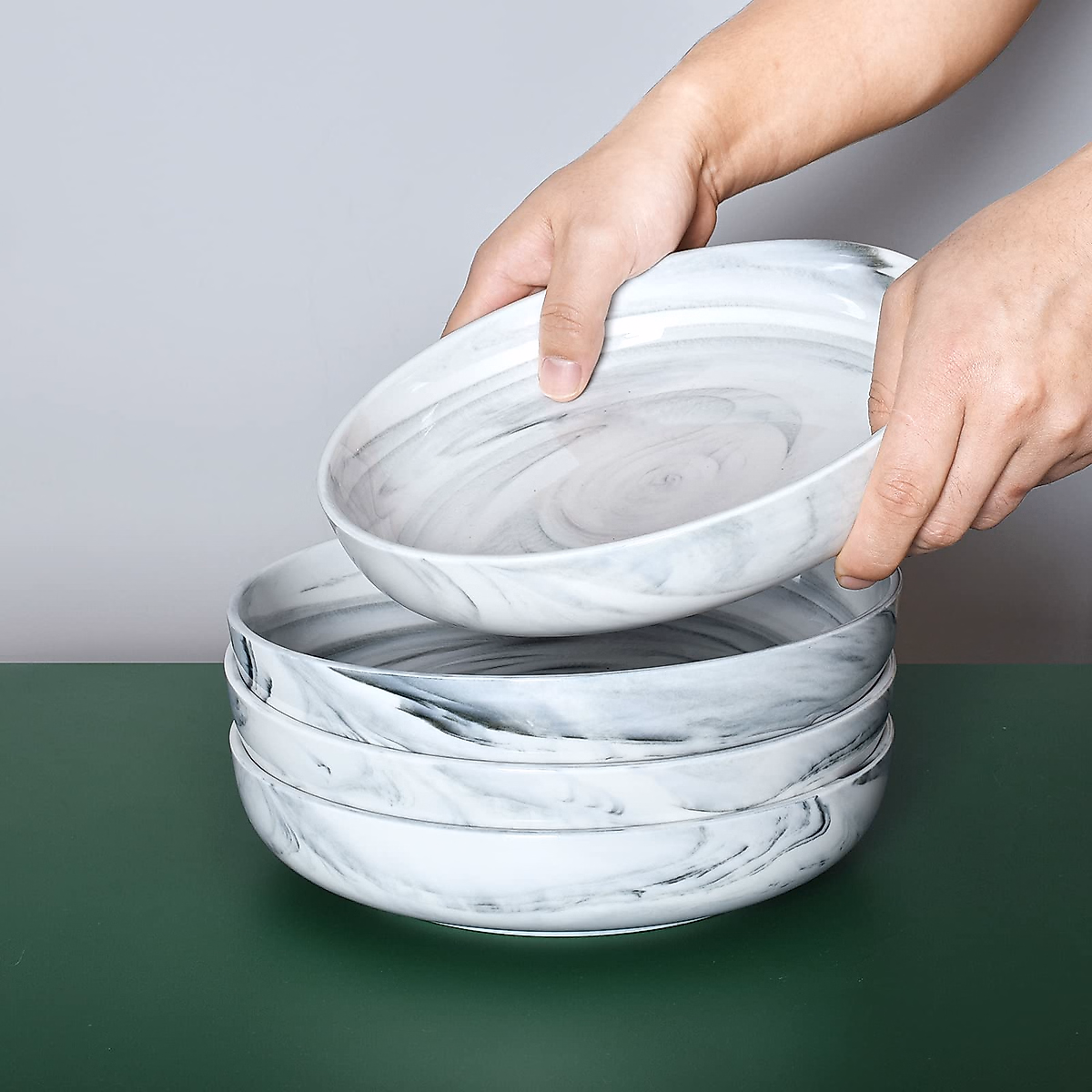 Bosmarlin Marbling Ceramic Large Pasta Bowls, 38 Oz, Set of 4 for Serving, Salad, Dinner, Big Wide Bowls, Microwave and Dishwasher Safe (Grey, 9 in)