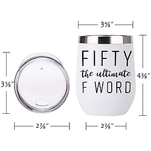 KAIRA Funny Gift,Funny Tumblers,50th Birthday Gifts for Her Women Fifty The Ultimate F Word 12oz Wine Tumbler (White)