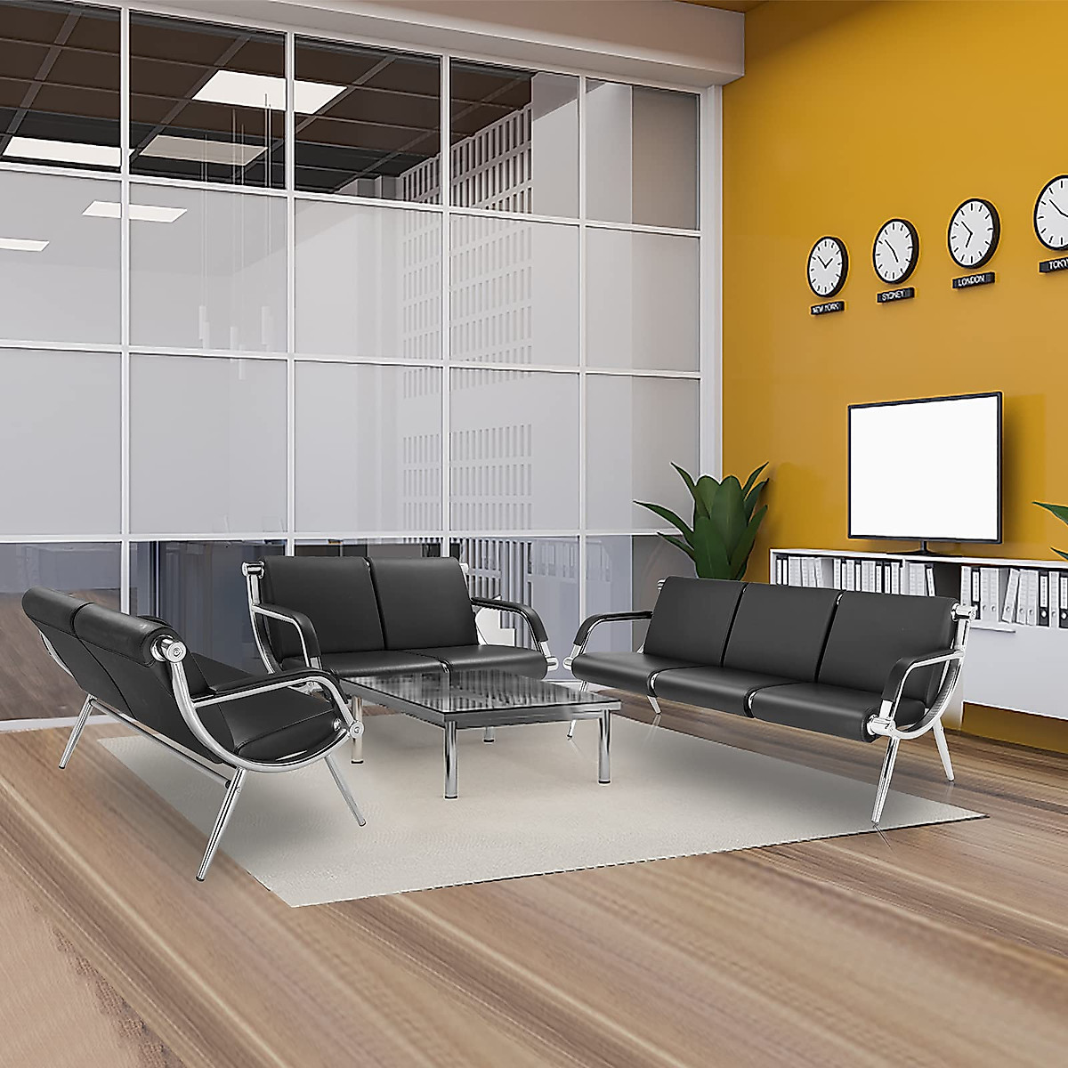 OmySalon Waiting Room Reception Bench, PU Leather Furniture Guest Seating Lobby Conference Chairs with Armrest for Clinic Office Airport Barber Salon Bank(2 x 2 seat + 1 x 3 seat)