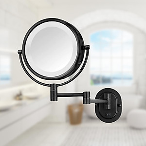 JERDON Wall-Mounted Black Makeup Mirror with LED Lighting - 5X-1X Magnification & 14” Extension - Direct Wire - Model HL65BKD