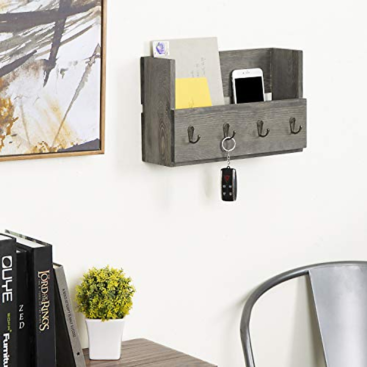 MyGift Rustic Gray Wood Entryway Hanging Mail and Key Holder for Wall, Decorative Letters Bills and Mail Sorter Organizer with 4 Hooks