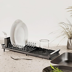 E-ROOM TREND Extendable Dish Drying Rack, Multifunctional Dish Rack for Kitchen Counter, Anti-Rust Drying Dish Rack with Cutlery Holders 18.6" L x 7.9" W, Black(DR402B)