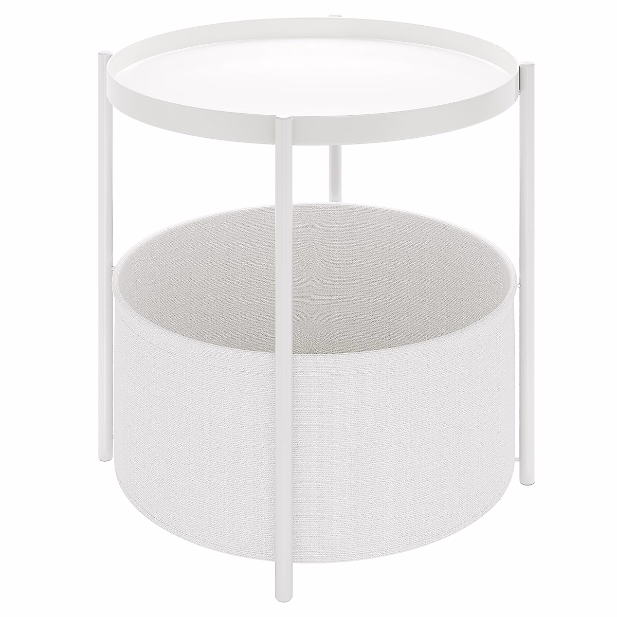 Fixwal Round Side Table with Fabric Storage Basket, Metal Small Bedside Table Nightstand with Removable Tray for Living Room, Bedroom, Nursery, Laundry, White