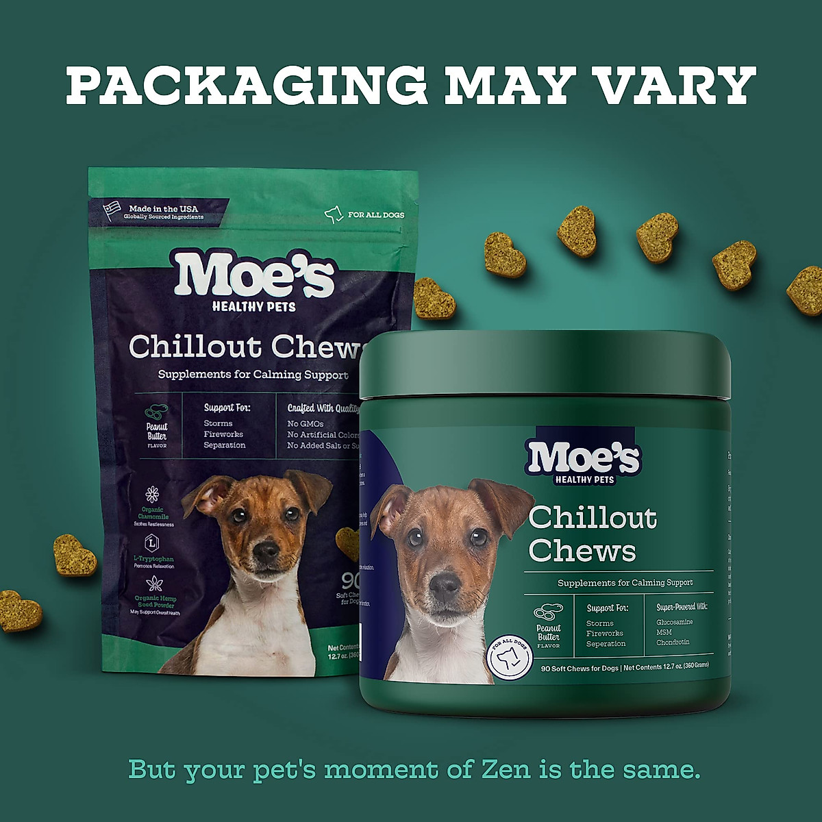 Moe’s Hemp Calming Chews for Dogs - Helps Aid with Storms, Fireworks, Chewing, Barking, Travel, Stress, Anxiety & Separation Anxiety - Tryptophan + Chamomile - Made in The USA - (Peanut Butter)