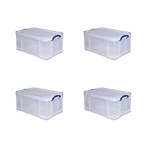 Really Useful Clear Transparent Plastic Storage Box, 64 Liters Features Attached Handles Make It Easy To Carry (Four Pack)
