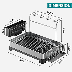 Urackify Dish Drying Rack for Kitchen Counter, 304 Stainless Steel Dish Rack, Multi-Function Dish Drainer with Wine Glass Holder, Large Dish Strainer with Cup Holder, Cutlery Holder, Large Size