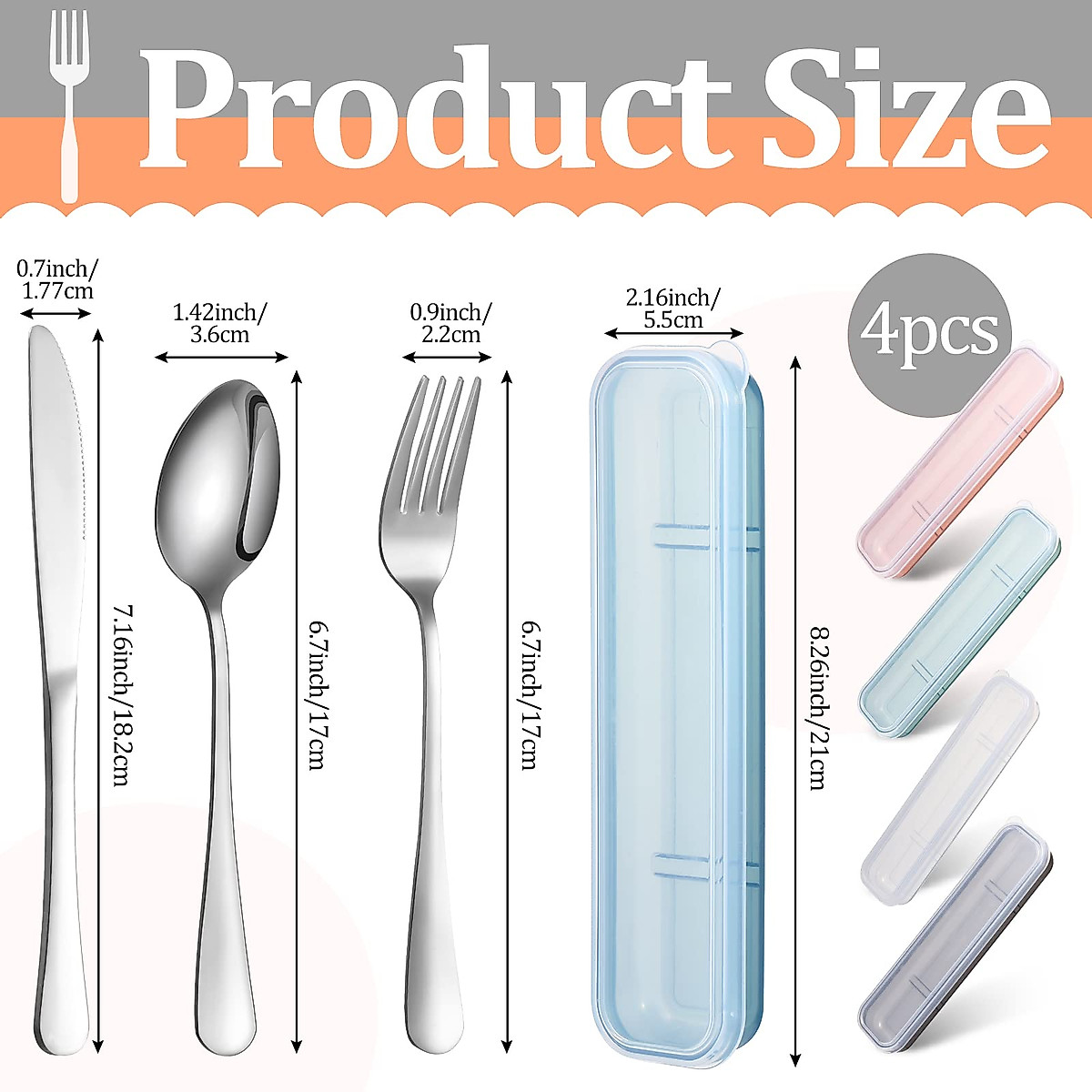 4 Pack Portable Stainless Steel Utensil Set with Case Travel Reusable Silverware Flatware Set 4-piece Camping Cutlery Include Fork Spoon Knife with Case for Office School Picnic Dishwasher Safe