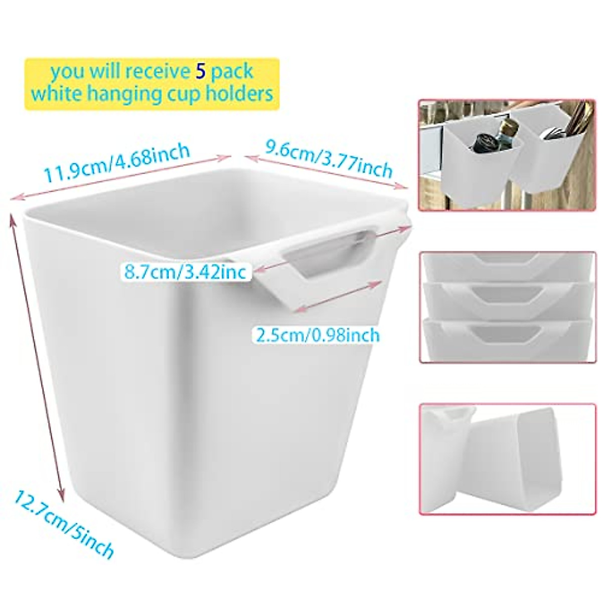 LeonBach 5 Pack White Hanging Cup Holders, Rolling Cart Accessories Hanging Pencil Holder Storage Containers Hanging Buckets Hanging Bins